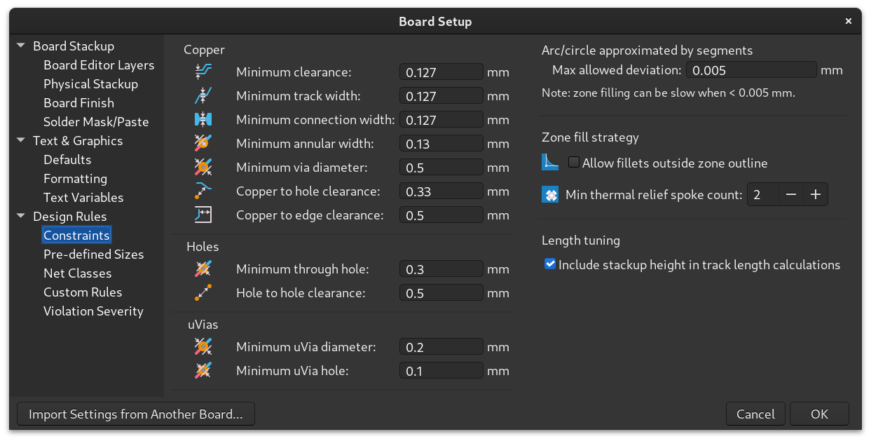 Set predefined trace and via sizes